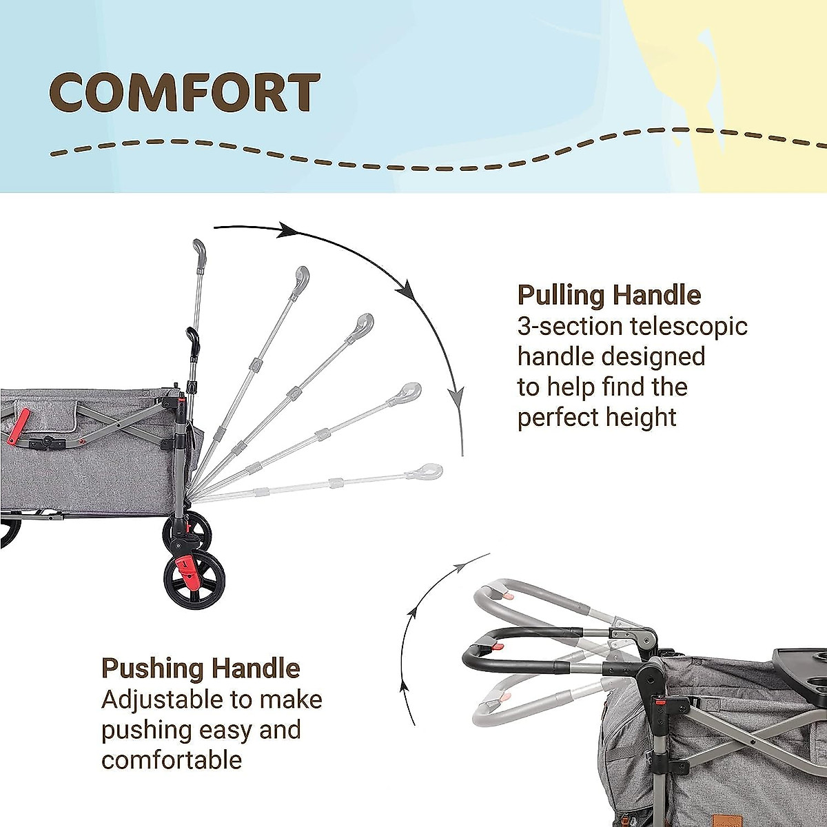 Busy Bee Foldable Wagon Stroller for 2 Kids, Push Pull Collapsible Kids Wagon with Adjustable Handle Bar, Removable Canopy, 5-Point Harness, Shock-Absorbing Wheels, Grey