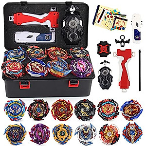 BeyBtatle Burst Gyro Toy Set 12 Spinning Tops 1x Launcher LR Left Right Spin DB Layer System and 1 Two-Way Transmitter Metal Fusion Attack Top Battling Game with Portable Box Gift for Ages 6+