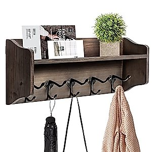 Coat Hooks with Shelf Wall-Mounted, Rustic Wood Entryway Shelf with 5 Vintage Metal Hooks, Farmhouse Mounted Coat Rack and Upper Shelf for Storage, Perfect for Your Entryway, Kitchen, Bathroom