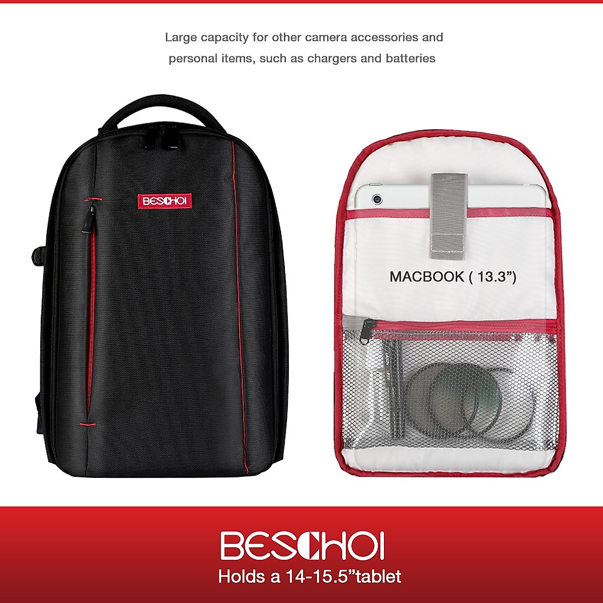 BESCHOI Camera Bag, Camera Backpack for photographers 20L Waterproof Camera Bags for DSLR Camera, Speedlite Flash, Camera Tripod, Laptops, Lens and Accessories