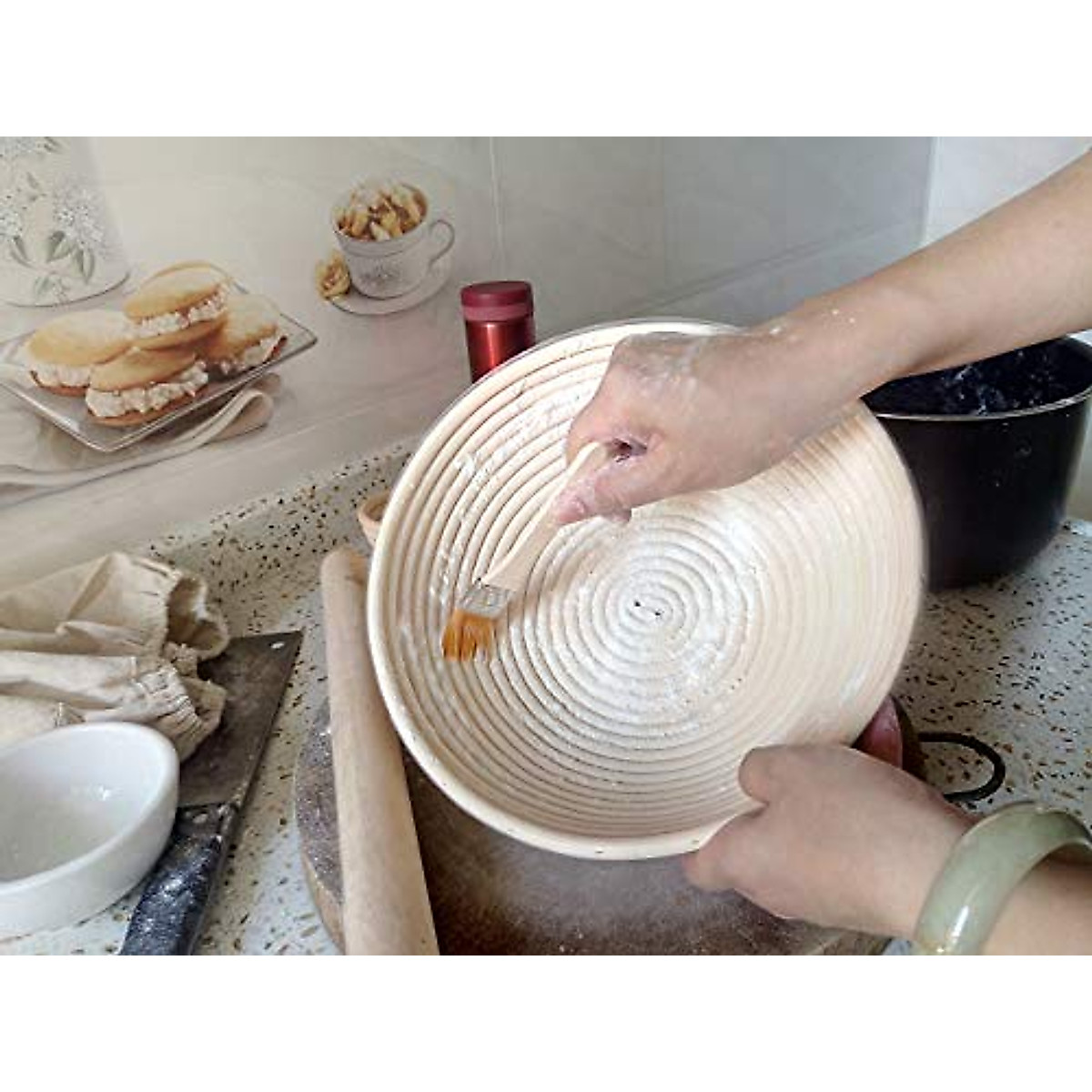 M JINGMEI Banneton Proofing Basket 9" Round Banneton Brotform for Bread and Dough [FREE BRUSH] Proofing Rising Rattan Bowl(1.5 Pounds of Dough) + FREE LINER + BREAD LAME