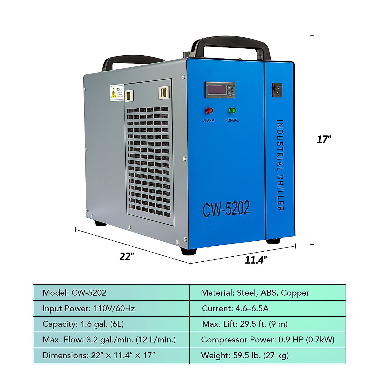 OMTech 6L Dual Industrial Water Chiller 0.9hp 3.2gpm Water Cooling System CW-5202 Water Cooler w 2 Inlets & Outlets to Chill Two 60W 70W 80W 90W 100W 120W 150W CO2 Laser Engraving Machines