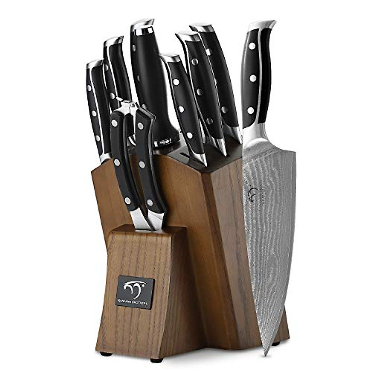 Kitchen Damascus Knife Set, WanRui Series 9-Piece Kitchen Knife Set with Block, Non-slip ABS Ergonomic Triple Rivet Handle for Chef Knives, Sharpener and Shears, Natural Wood Block (Updated Version)