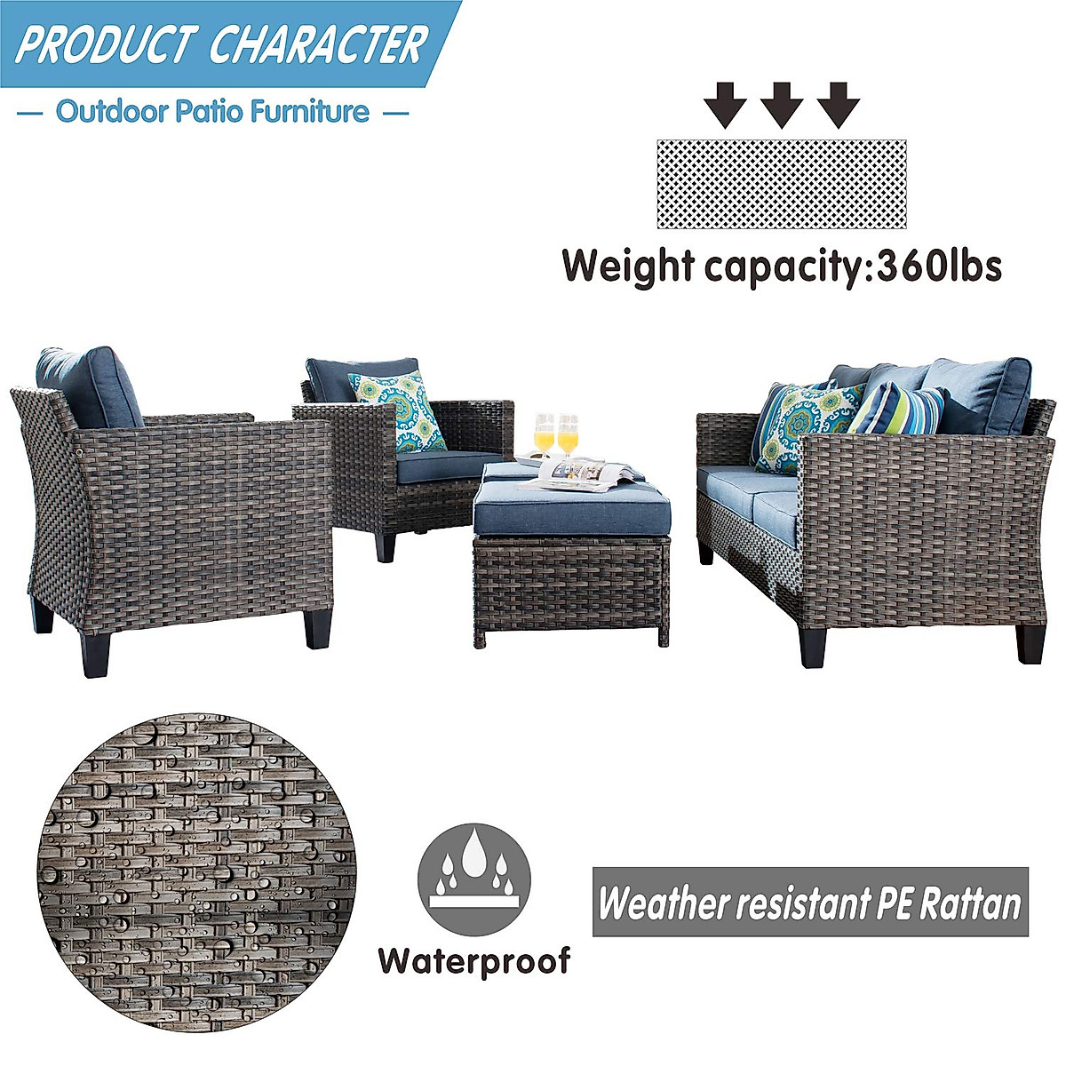 XIZZI Patio Furniture Sets Outdoor Conversation Set 5 Piece All Weather Wicker Sofa Sectional with Ottomans and 2 Pillows for Garden Backyard Deck,Grey Wicker Denim Blue