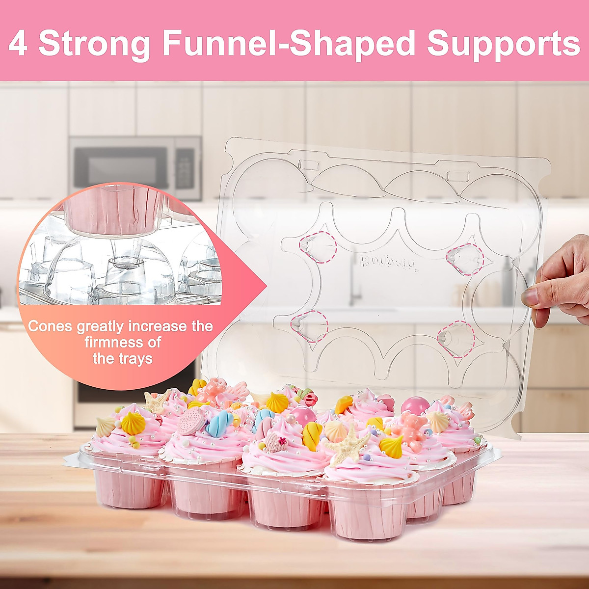 BORPEIN Cupcake Containers 12 Count Standard(12 count x 15 sets) Sturdy Strong Cupcake Boxes for 12 Cupcakes, Disposable Cupcake Carrier Holders, Clear Plastic Containers with Detachable Lid