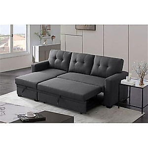 Pemberly Row L-Shaped Transitional Polyester Fabric Reversible, Easy Convertible Pull-Out Sleeper Sectional Sofa/Storage Chaise with Tufted Back Cushions and Track Arms in Dark Gray