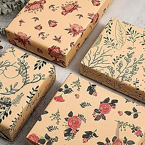 PlandRichW Wrapping Paper of Floral Design Folded Kraft Wrapping Paper 12 Sheets Recycled Gift Wrap for Birthday, Wedding, Holiday, Party, and Baby Shower Precut 20" X 29"