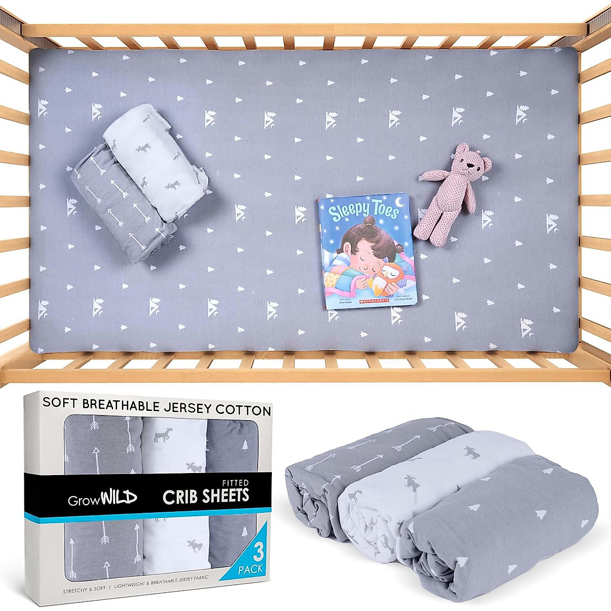 Fitted Unisex Crib Sheets (3 Pack) by GROW WILD - Jersey Knit Cotton Crib Sheets for Boys or Girls, 52” x 28” x 9” Crib Bedding Set (Woodland Gray and White)