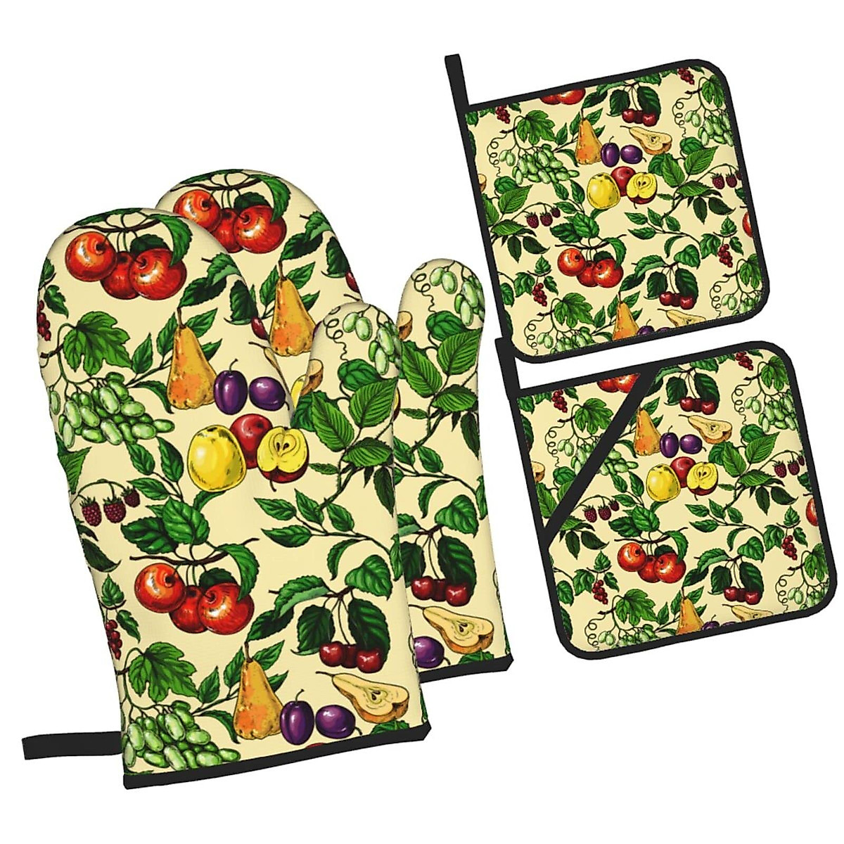 Nice Fruit Flower Oven Mitts and Pot Holders Heat Resistant 4 Pcs Sets Waterproof Non-Slip for BBQ Cooking Baking Grilling
