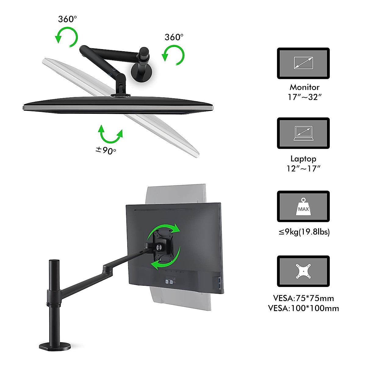 Viozon Laptop/Notebook/Projector Mount Stand, Height Adjustable Single Arm Mount Support 12-17 inch Laptop/Notebook/Tablet, Free Removable VESA 75X75 and 100X100 for Monitor 17-32 inch.