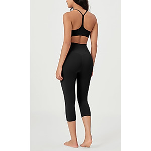 ODODOS Women's Cross Waist Yoga Capris with Inner Pocket, Inseam 19" Gathered Crossover Workout Cropped Yoga Pants, Black, Large