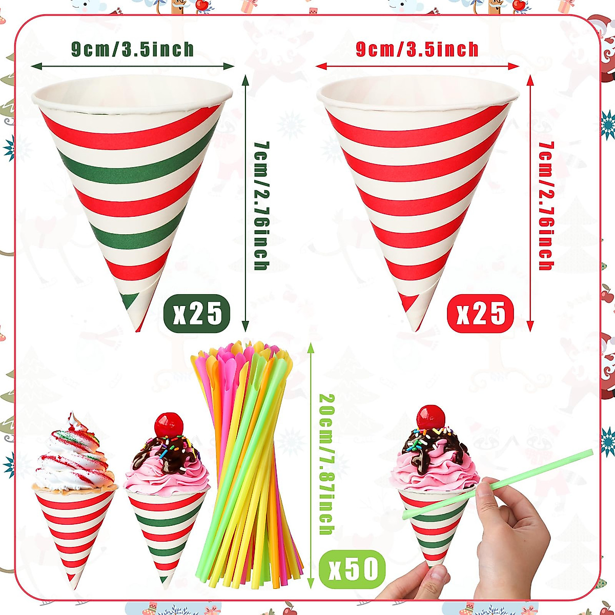 Tioncy 50 Pcs Christmas Snow Cone Cups Bulk with Straws Spoons for Kids Adults Disposable Shaved Ice Cups Paper Cone Cups Ice Cream Sorbet Cups Small Dispenser Cup Christmas Party Treat Favors(4 oz)