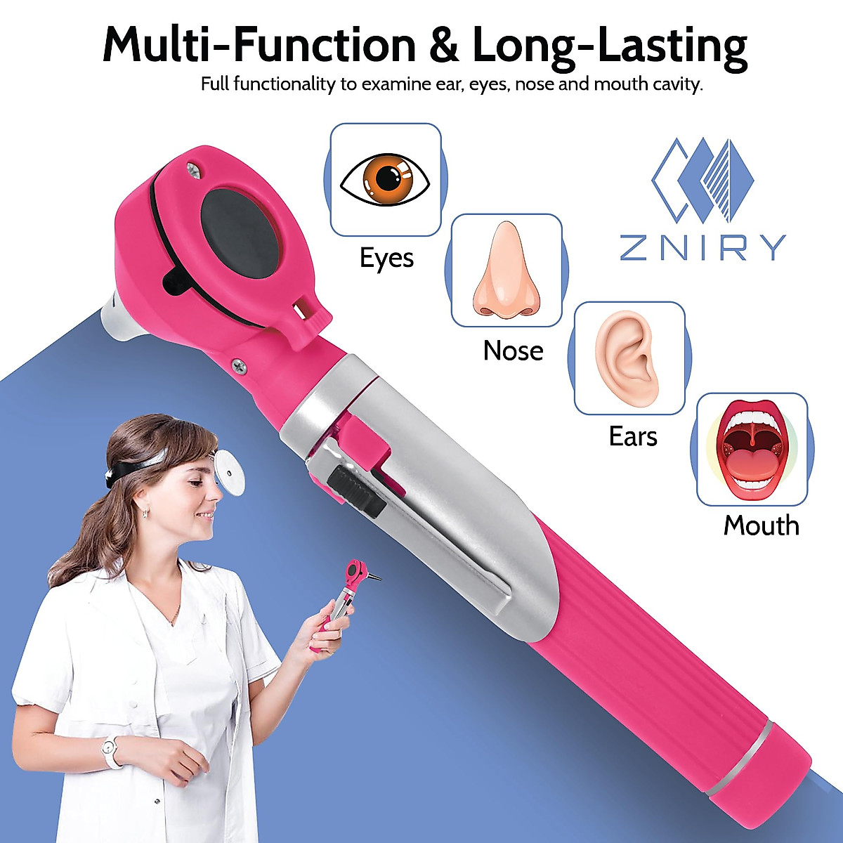Zniry Fiber Optic Mini Otoscope - Ear Scope with Light, Ear Infection Detector (Pink Color) Reguler