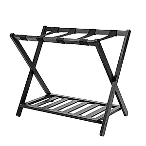 KONGKUNI 2-layer Luggage Rack for Guest Room, Foldable Suitcase Stands, Bamboo Luggage Holder with Storage Shelf, for Guest Room, Bedroom, Hotel,Holds up to 220 lb,Black