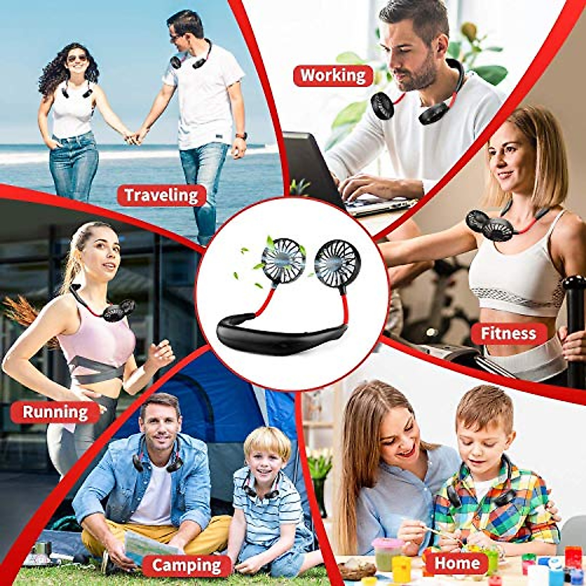 Hand Free Fan, Portable Neck Fan, Personal Hands Free Fan Headphone Fan USB Rechargeable Battery USB Neck Fan Adjustable Strong Airflow Light for Outdoor, Sport, Home, Office, Travel (Black)