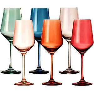 Colored Crystal Wine Glasses Set of 6, Unique Gift Wife, Her, Mom, Friend - Large 12oz Glass, Italian Style Tall Stemmed Drinkware, Long Stem Unique Wines, Dinner, Color Beautiful Glassware