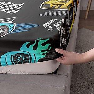 HOSIMA Child's Cartoon Sports Car Fitted Sheet 3Piece Set with 2 Pillowcases,Racing Car Bedding for Boys and Girls,Fast and Furious Extreme Sport Games Fitted Sheet,Black Twin Fitted Sheet Set.