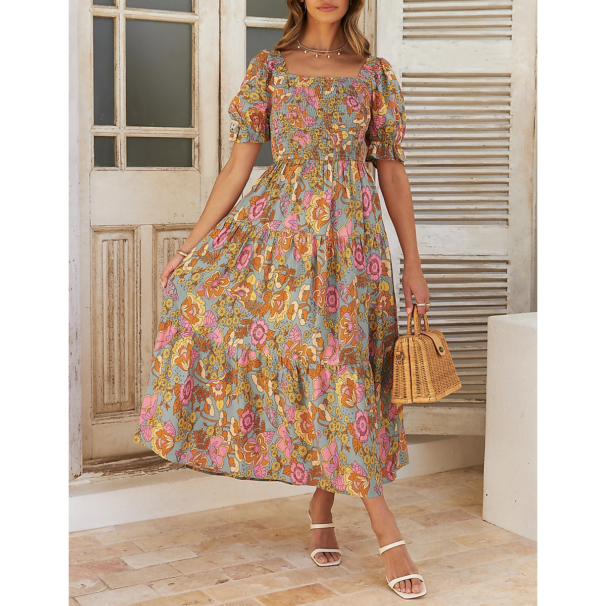 ZESICA Women's 2025 Summer Boho Floral Print Square Neck Ruffle Swing Beach Long Maxi Dress,GreyGreen,Medium