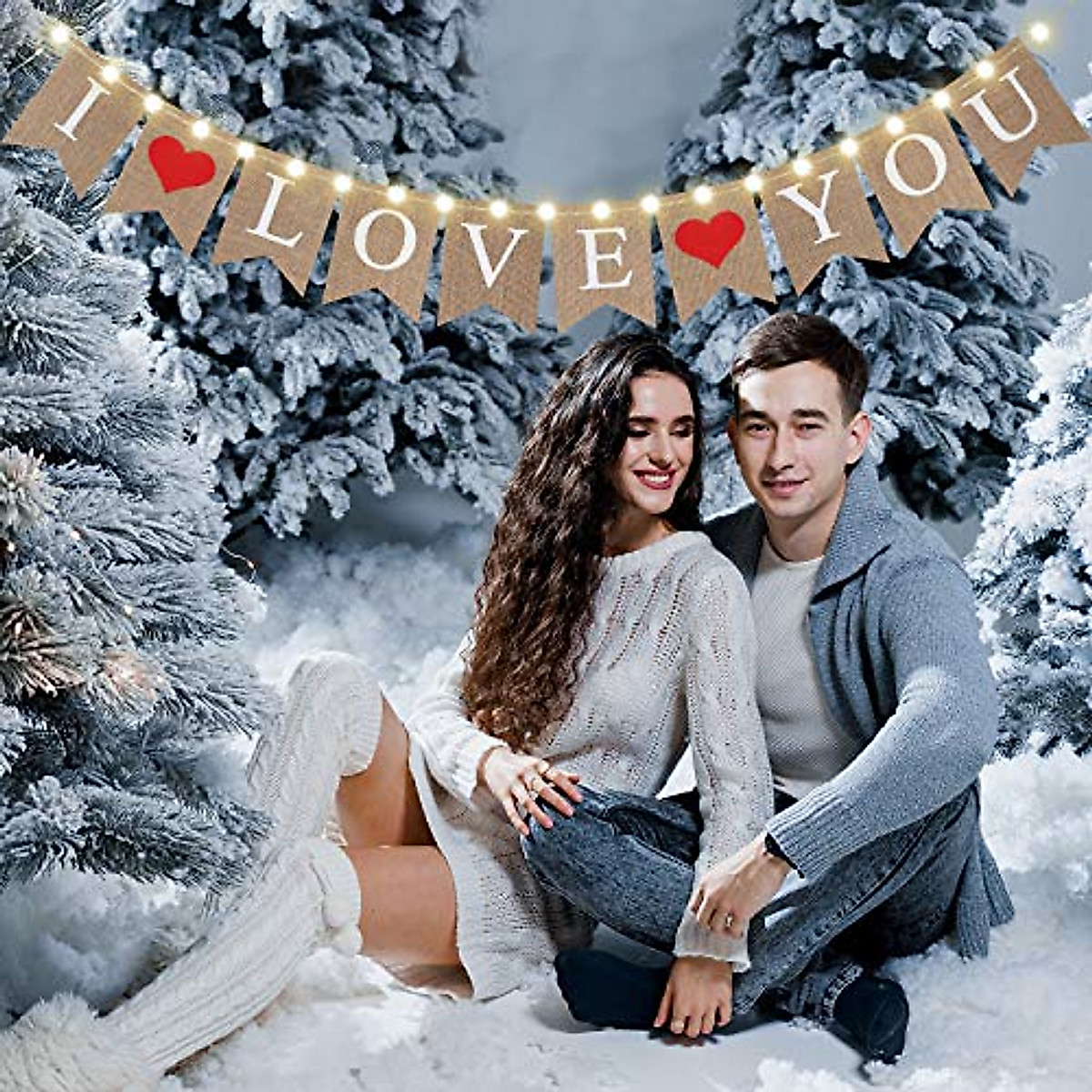 I Love You Burlap Banner for Valentine's Day Decoration, Love Heart Hanging Sign with 8 Modes LED String Light, Wedding Engagement Party Bunting Garland for Valentines Day Dating Home Decor