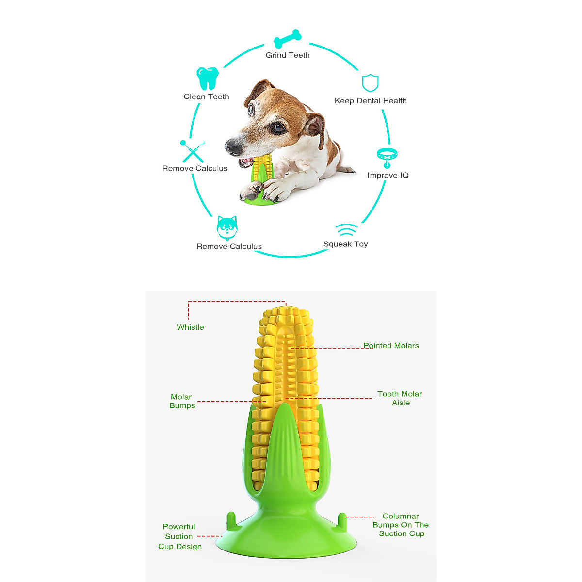 ASWER Dog Toothbrush Chew Toy for Aggressive Chewers Corn Dog Teeth Cleaning Squeaky Toys Durable Dog Dental Care Chew Stick for Large Medium Small Breed Puppy with Suction Cup