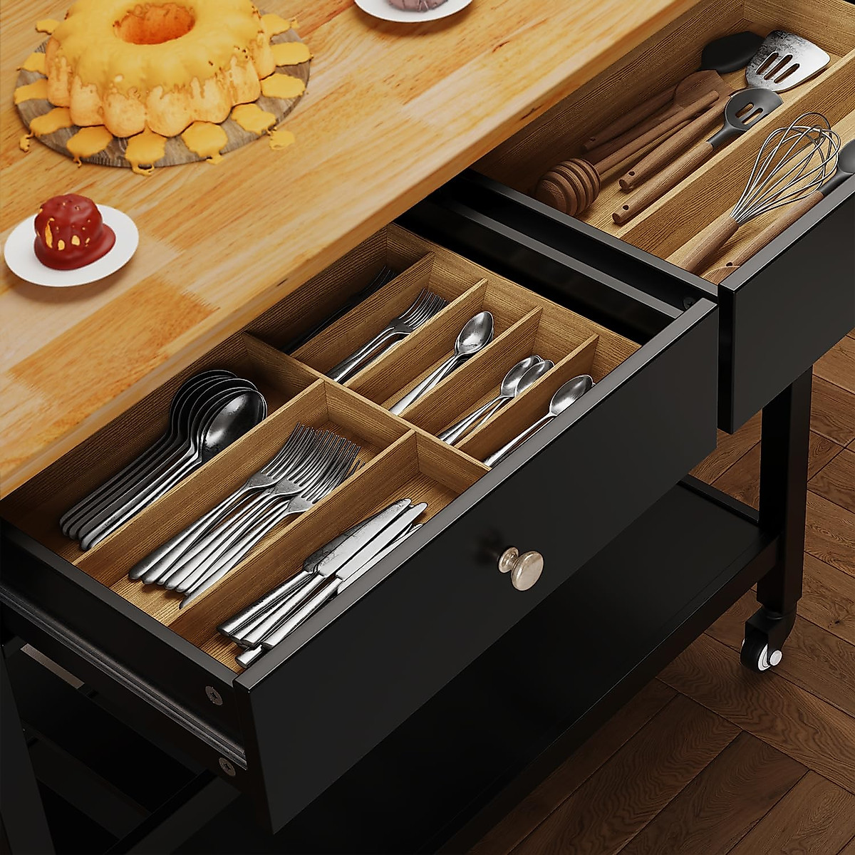 Gizoon Kitchen Island Cart with Storage, 40’’ Wooden Top, 2 Tiers Spacious Shelves and Towel Bar, 2 Drawer Mobile Trolley Cart On Metal Wheels with Hooks for Dining Room, Bar, Outdoor, Black