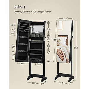 SONGMICS Mirror Jewelry Cabinet Standing Armoire Organizer, Jewelry Storage with Full-Length Frameless LED Lights, Built-in Makeup Mirror, 2 Drawers, Lockable, Black UJJC023B01