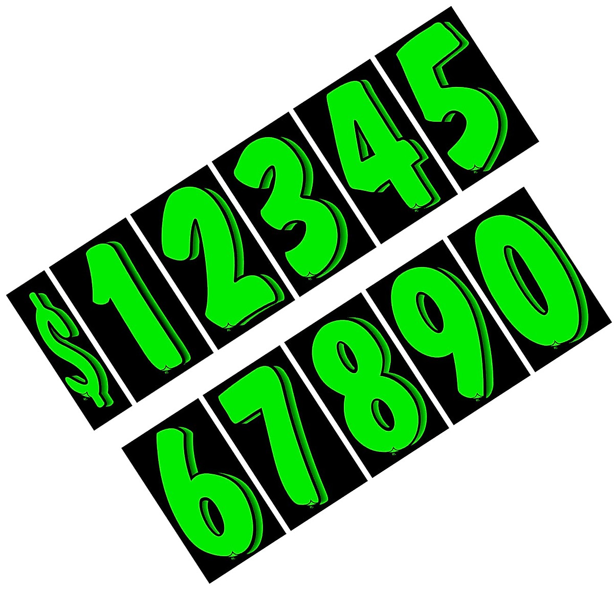 VERSA-TAGS 7.5" Black/Green Vinyl Number Decals 11 Dozen Set Windshield Pricing & 1 Pack of Each of Extra Clean, Financing Available, 3rd Row Seating 14.5" x 2.75" Sticker Windshield Auto Dealership