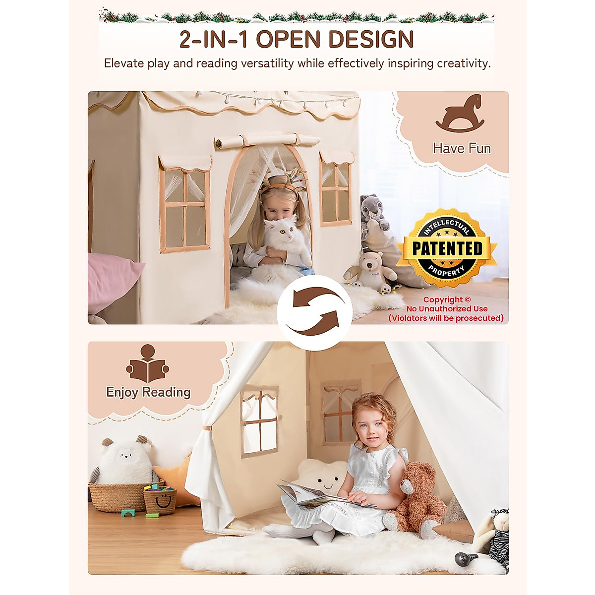 besrey Kids Tent, Kids Playhouse 2 in 1 with Padded Mat and Lights, Large Play Tent with 2 Doors & 4 Windows, Kids Play Tent Indoor & Outdoor, Christmas Toddler Tent for Kids, 51" x35" x 51"