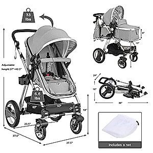 BABY JOY Baby Stroller, 2-in-1 Convertible Bassinet Reclining Stroller, Foldable Pram Carriage with 5-Point Harness, Including Cup Holder, Foot Cover, Diaper Bag, Aluminum Structure, Gray