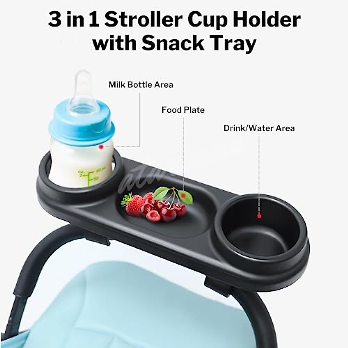 Universal Stroller Snack Tray with Cup Holder, Multifunctional 3 in 1 Stroller Organizer with Removable Non-Slip Grip Clip for Stroller Bar Snack Tray and Cup Holder Accessories (Black)