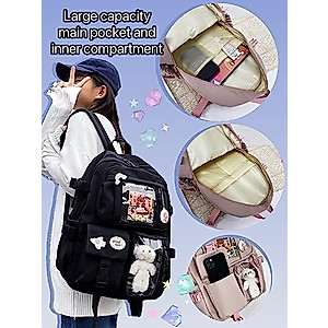 Romlvy Kawaii Backpack with Cute Accessories Aesthetic Multi Pockets Large Capacity Outdoor Backpack Daypack Laptop Backpack (Black)