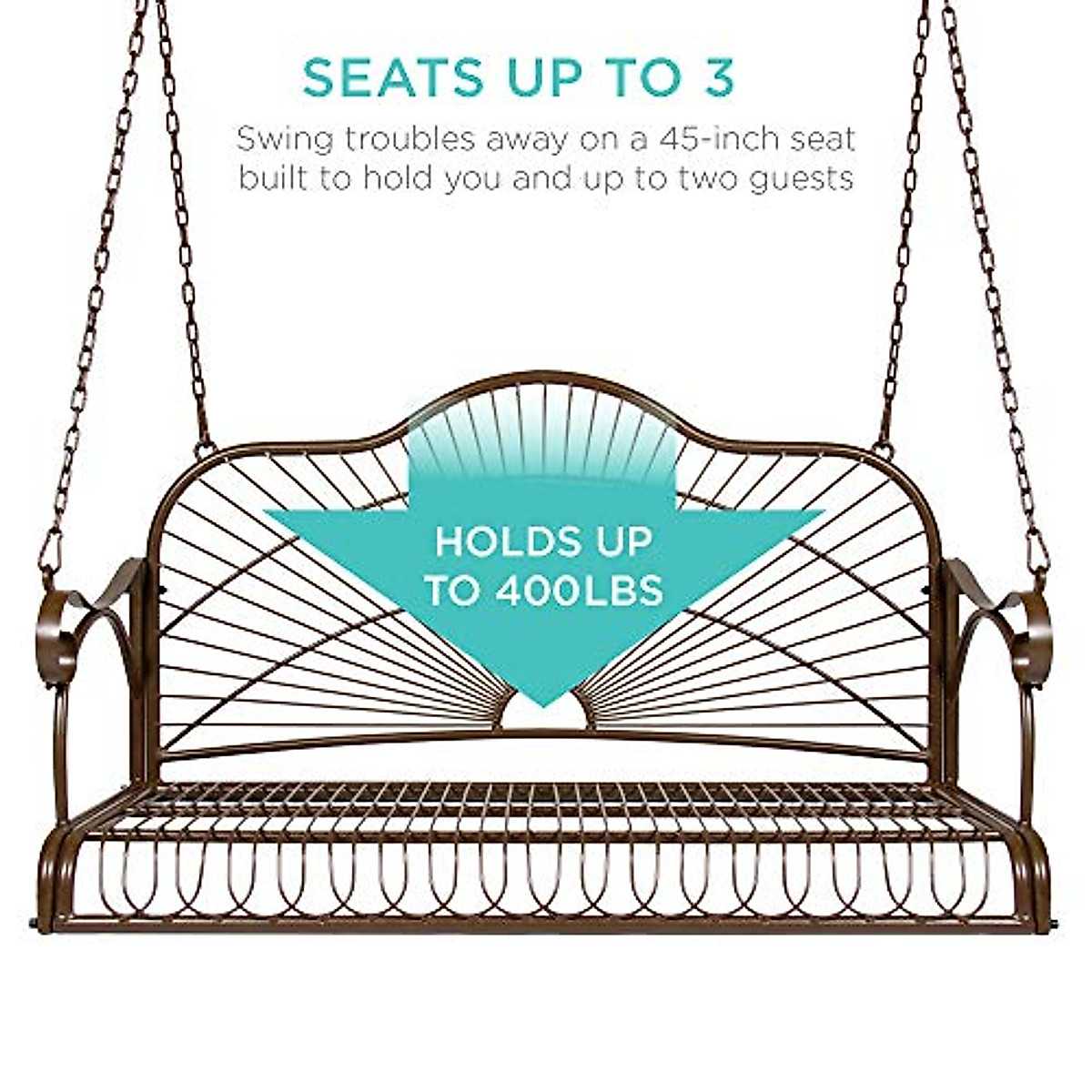 Best Choice Products Hanging Iron Porch Swing Bench Outdoor Patio Furniture for Garden, Deck w/Armrests, Mounting Chains