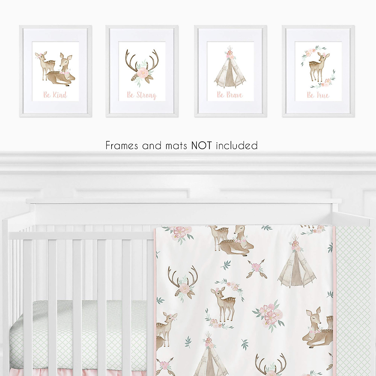 Sweet Jojo Designs Blush Pink and Mint Wall Art Prints Room Decor for Baby, Nursery, and Kids for Boho Woodland Deer Floral Collection - Set of 4 - Be Kind, Be Strong, Be Brave, Be True