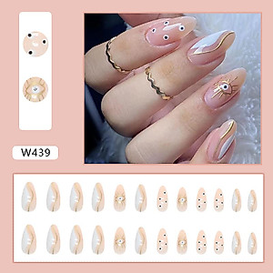 Diduikalor Evil Eye Press On Nails Almond, Cute French Acrylic Nails Press on for Women Girls DIY Nail Manicure, Includes Prep Pad, Mini File, Cuticle Stick, Glue, Jelly Glue and 24 Fake Nails