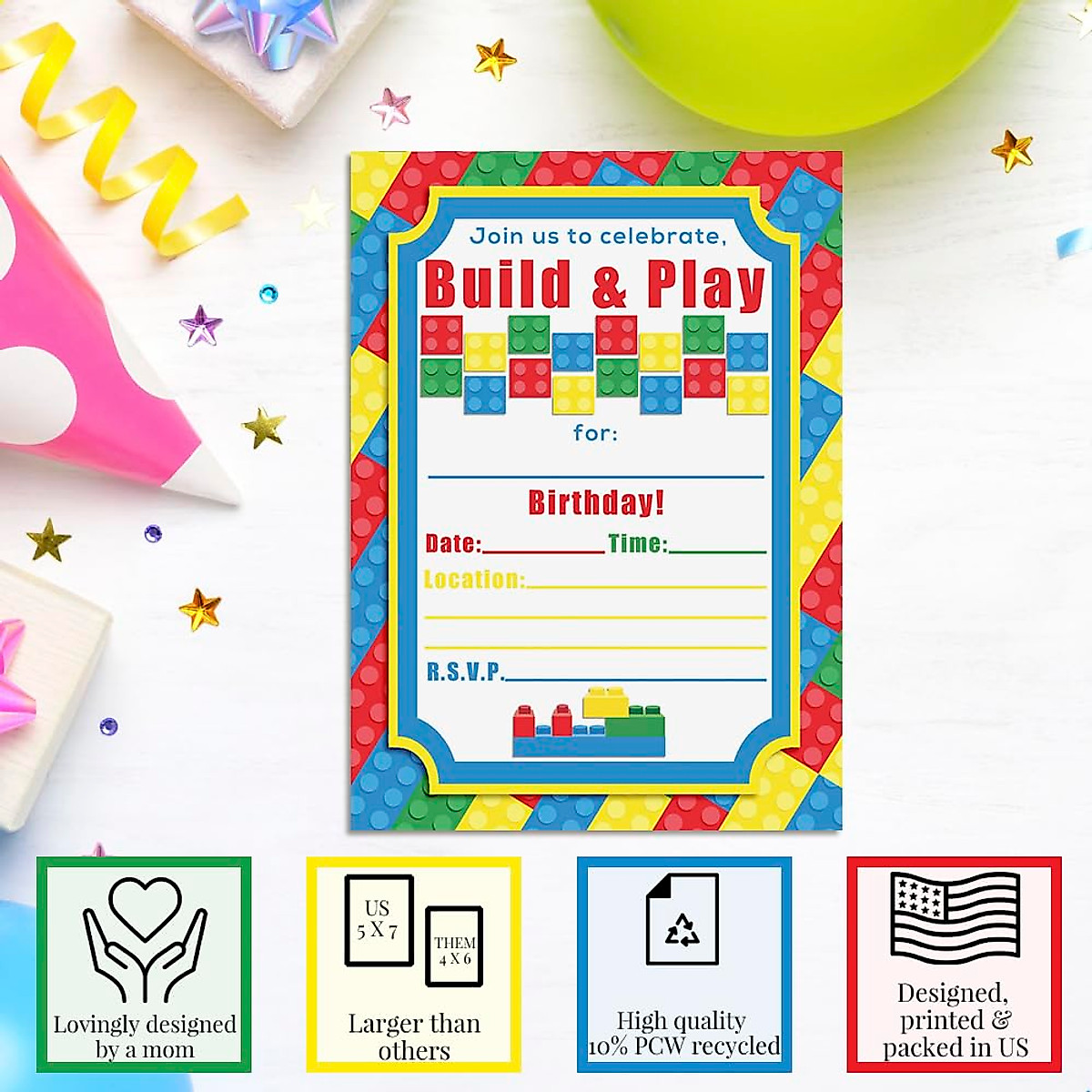 Building Blocks Birthday Party Invitations, 20 5x7 Fill In Cards with Twenty White Envelopes by AmandaCreation
