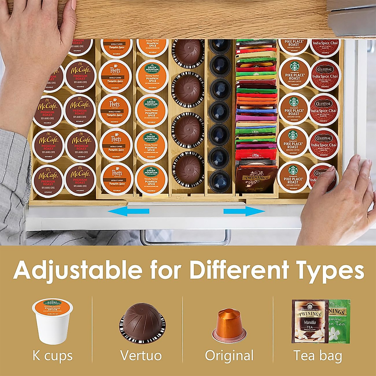 Kssiaz Coffee Pod Holder Drawer, Bamboo K Cup Holder Compatible with Nespresso Vertuo Capsules, 25-45 K Cup Drawer Organizer for Coffee Station Home Office and Kitchen (Bamboo)