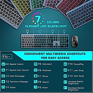 Wireless Keyboard and Mouse Combo Rechargeable, Full Size Wireless Keyboard with Backlit, 2.4G Silent USB Wireless Keyboard Mouse Combo [with USB C Adapter] for Windows, Mac OS Desktop/Laptop/PC