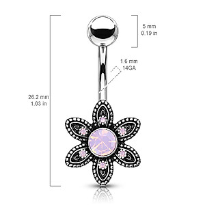 Amelia Fashion 14 Gauge Antique Pink Opalite Crystal Paved Flower Belly Button/Navel Ring 316L Surgical Steel (Antique Silver & Pink)