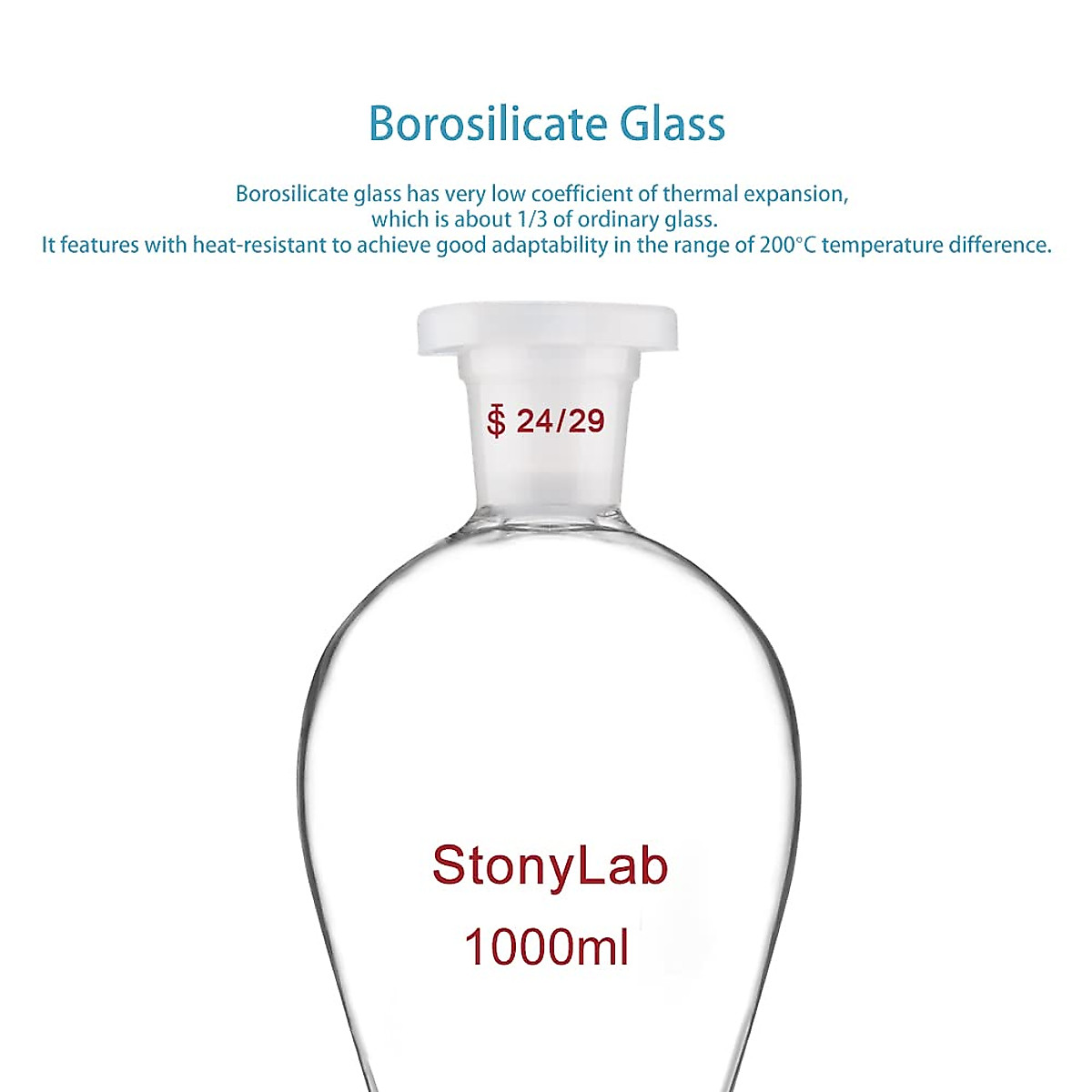 stonylab Borosilicate Glass 1000 ml Heavy Wall Conical Separatory Funnel with 24/29 Joints and PTFE Stopcock, 1000 ml