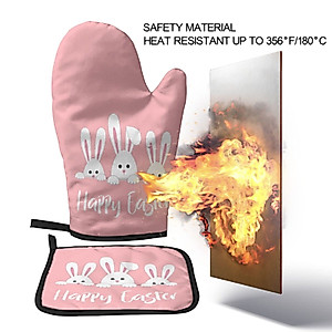 DRAYTSO Happy Easter Oven Mitts and Pot Holders Set, Spring Colorful Egg Heat Resistant Kitchen Set Oven Gloves Non-Slip Potholders for Cooking Baking Grilling Gifts Microwave Gloves Hot Pad, Black