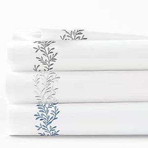 Melange Home Floral Embroidered Duvet Set Full and Queen Size White Sheet Set 600 Thread Count 100% Sateen Cotton Luxury Hotel Bedsheet - Oeko Tex Certified Deep Pocket - Blue Embroidered Piping