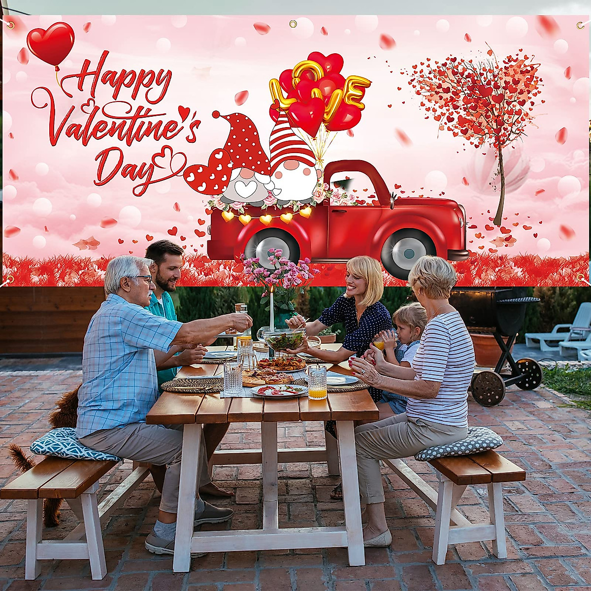 Vlipoeasn Happy Valentine Day Garage Door Cover 6x13ft Large Pink Sky Romantic Love Truck Gnome Valentine's Day Garage Door Banner for Couple Backdrop for Valentine's Day Party Supplies and Decor