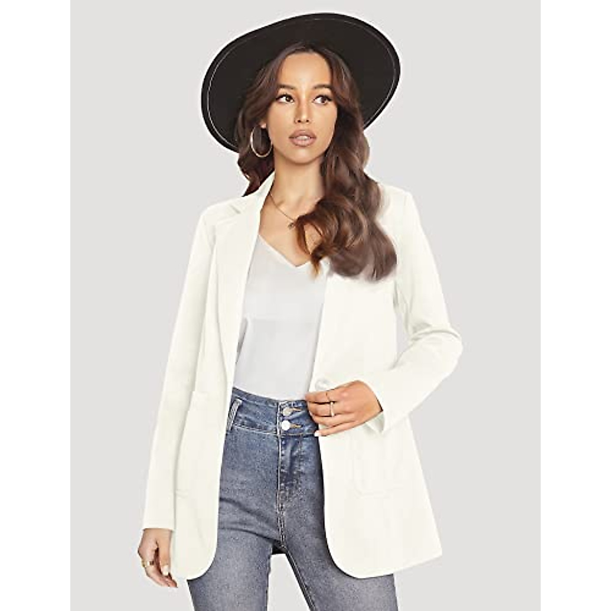 EXTRO&VERT Blazer Jackets for Women Single Button Long Sleeve Patch Pocket Suit for Work Casual White