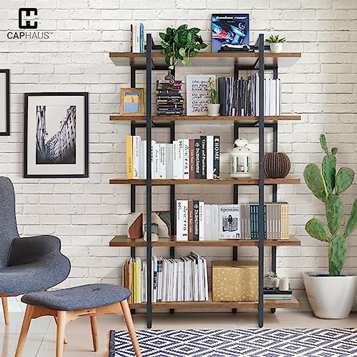 CAPHAUS 5-Tier Book Shelf, 71” H Vintage Industrial Bookcase with Open Display Shelving, Wooden and Metal Shelving Unit, Bookshelves and Bookcases, Stand Shelf for Bedroom, Home Office, Rustic Oak