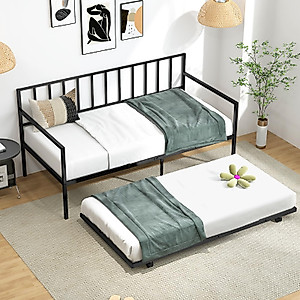 KOMFOTT Twin Metal Daybed with Trundle, Metal Sofa Bed & Pull-Out Trundle Set with Lockable Casters, Daybed for Living Room, No Box Spring Needed