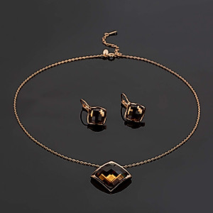 EVEVIC Square Austrian Crystal Necklace Earrings Set for Women 18K Gold Plated Jewelry Set (Brown)