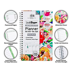 PlanAhead See IT Bigger April 2024 - June 2025 Size 8.75" x 5.5" x 0.5" Monthly/Weekly Medium Planner and Twin Fluorescent Pen (Floral Coppa)