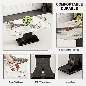 Pvillez 63" White Faux Marble Dining Table, Modern Kitchen Table for 4 6 People, Rectangular Dinner Room Table Marble Sintered Stone Top & Black Curved X Shape Pedestal Table for Dining Room Kitchen