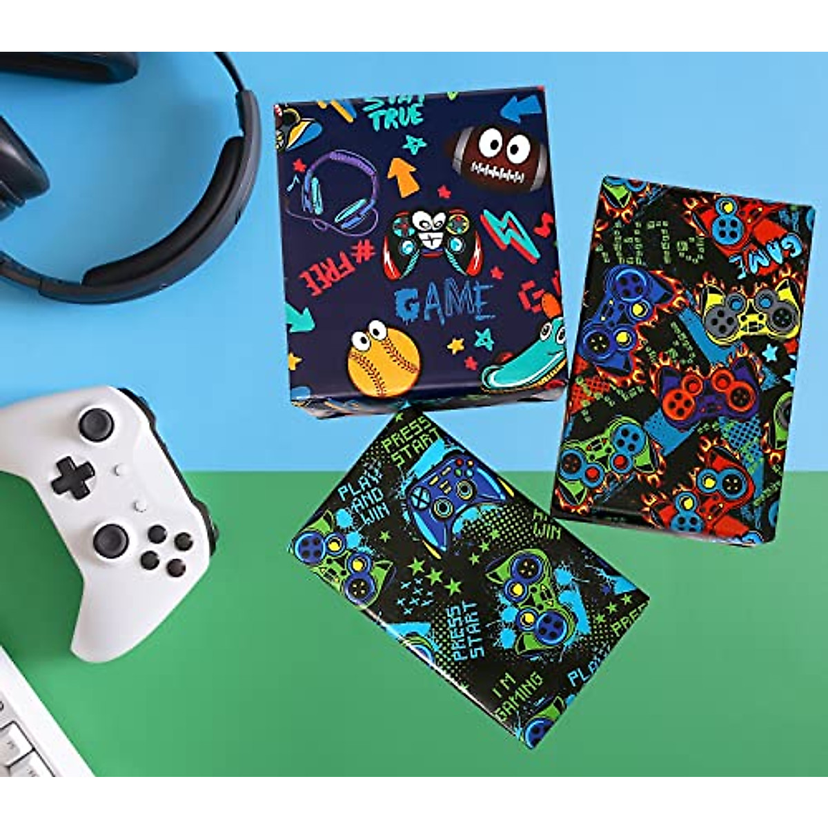 BOLIANNE Gaming Birthday Wrapping Paper for Boys Girls Kids with Cut Lines, 6 Large Sheets Video Game Gift Wrap for Game Lover, 27 x 37 Inches, High Gloss