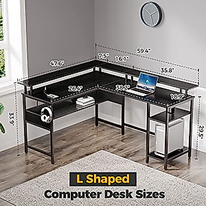Rolanstar Computer Desk L Shaped 59'' with LED Lights and Power Outlets, Reversible L Shaped Gaming Desk Bundle End Table with Charging Station, Narrow Side Table with 2 Wooden Drawers